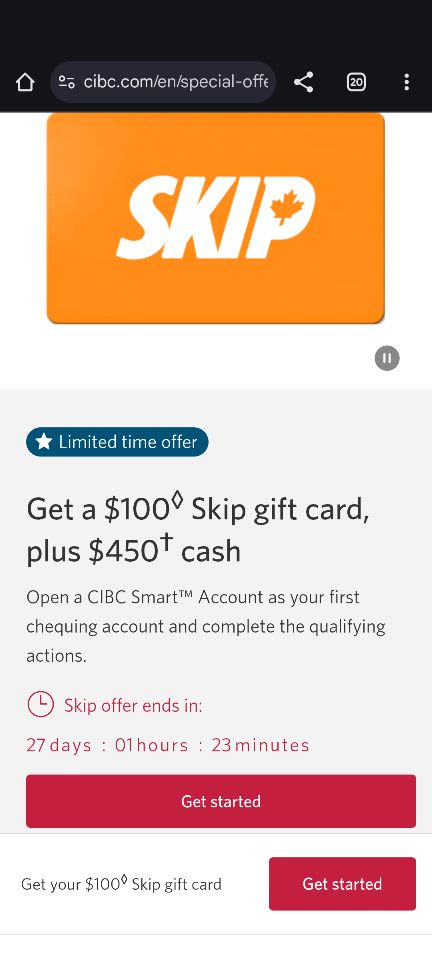 [CIBC] Get a $100 Skip gift card plus $450+ cash when you open a CIBC ...
